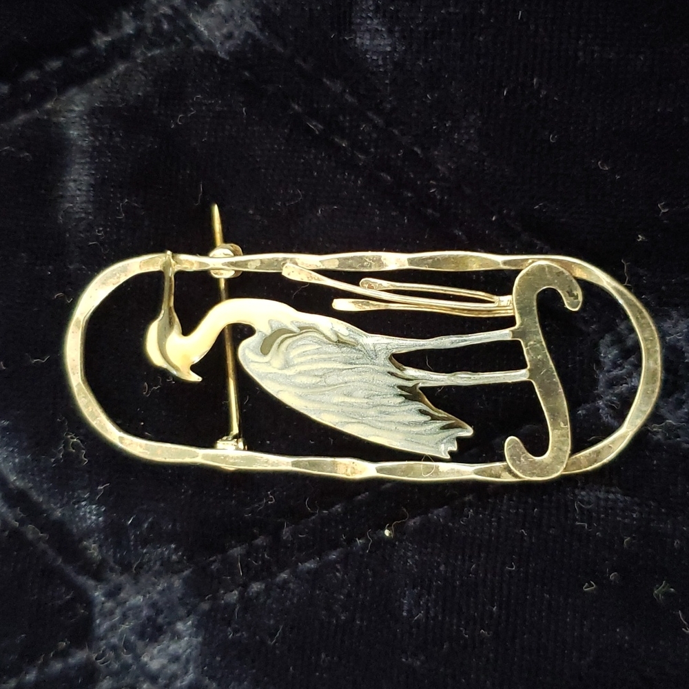 Sterling Silver Brooch With Enamel Crane - Gem